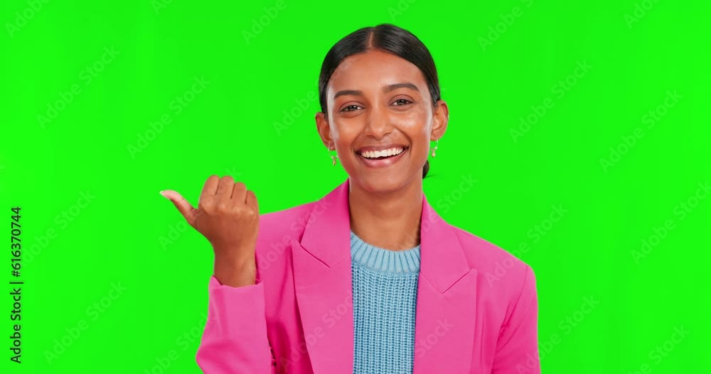 Face, green screen and Indian woman with promotion, pointing and ...