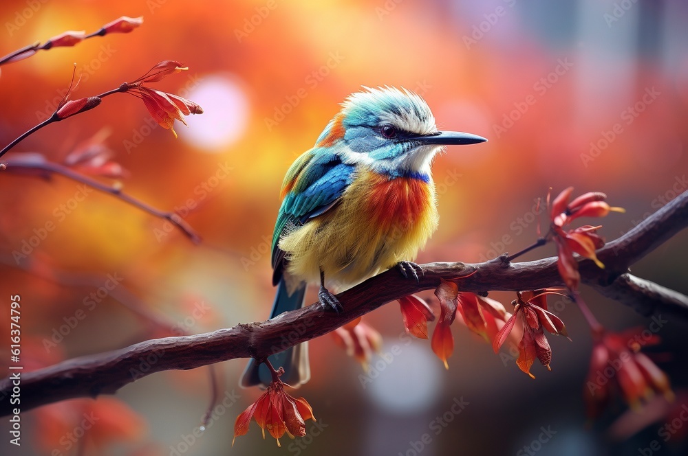 Pájaro colorin posando en una rama con hojas rojas o anaranjadas en ...