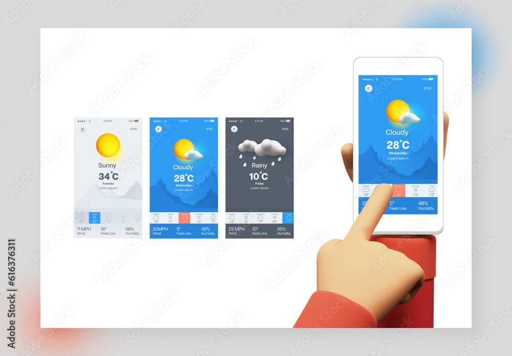 Weather Mobile App UI Kit with Sunny, Cloudy, Rainy Screens. Stock ...