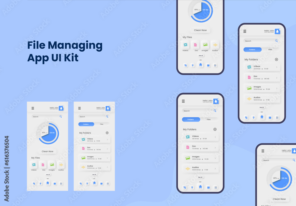 File Managing Mobile App UI Splash Screens, Template Layout In Blue And ...
