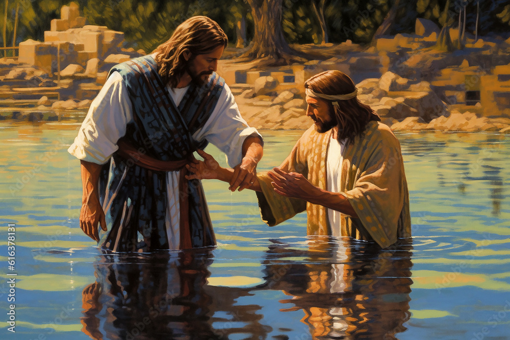 John the Baptist standing in the Jordan River and baptising. AI ...