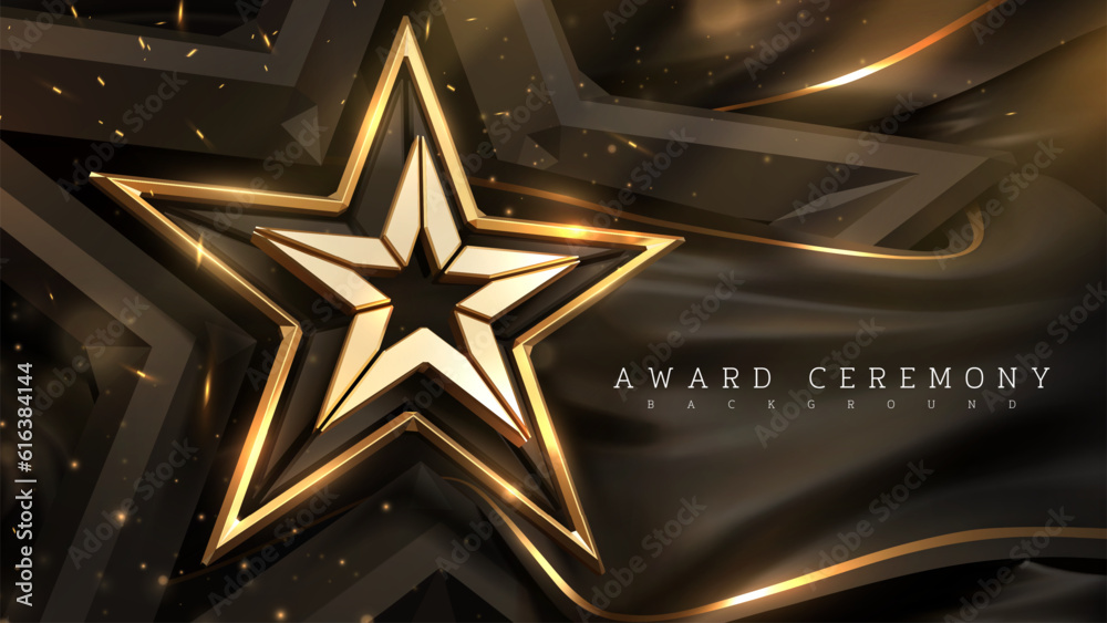 Realistic 3D gold star design on black canvas with golden light rays ...