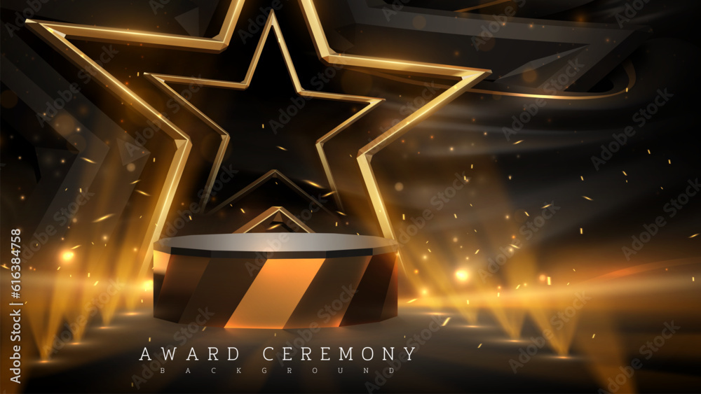 Elegant gold star frame with black podium and light motions rays ...