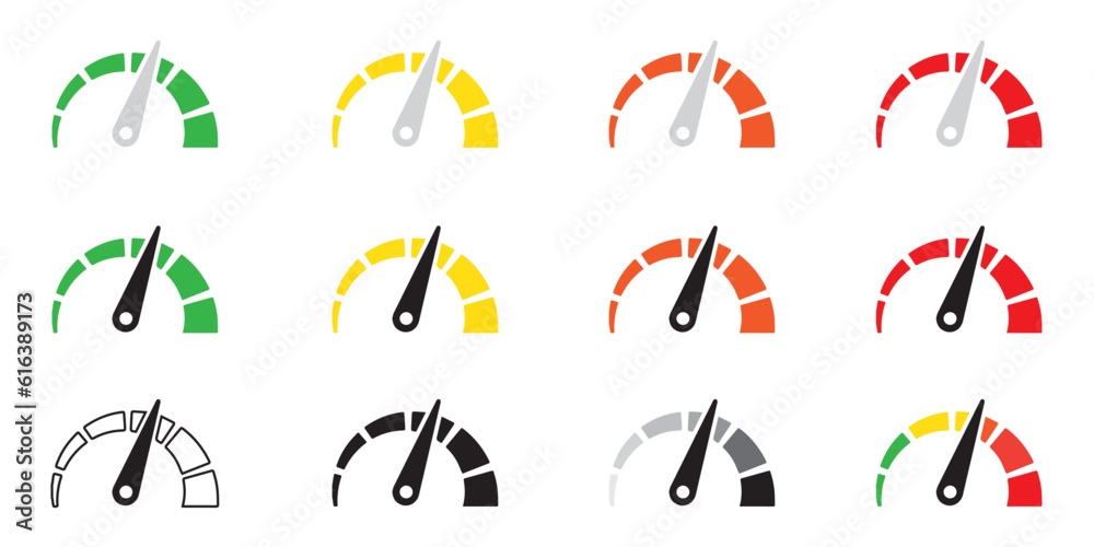 Speedometer icon set. Customer satisfaction indicator level. Risk level ...