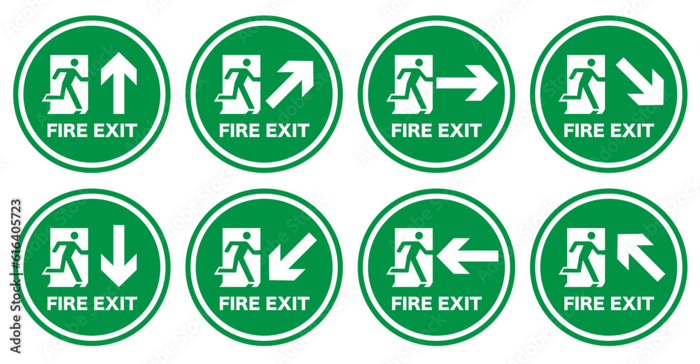 Square stickers indicating the direction of the fire exit. Emergency ...