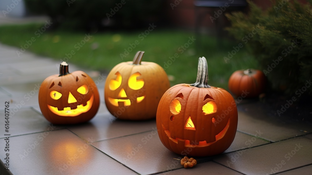 Halloween pumpkin with an evil carved muzzle in a festive interior ...