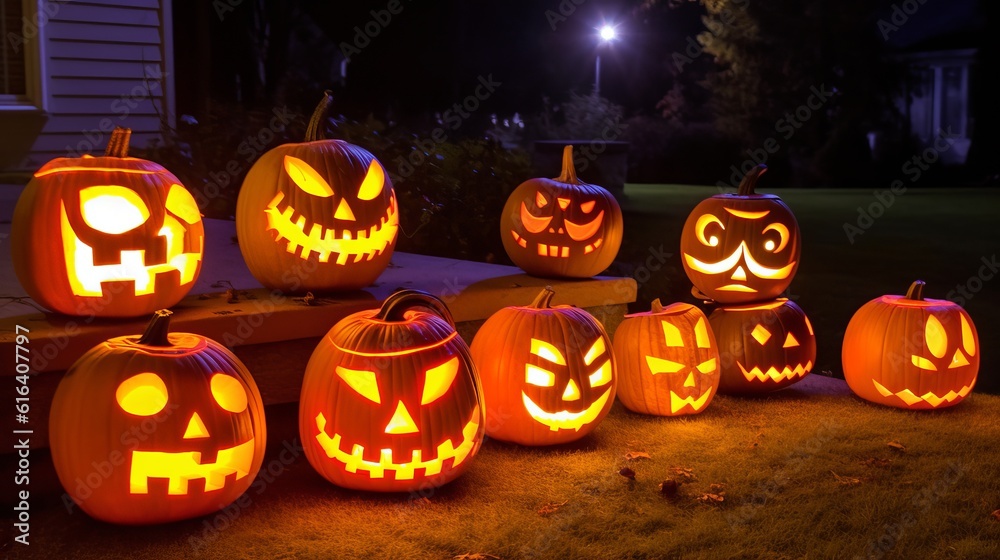 Halloween pumpkin with an evil carved muzzle in a festive interior ...
