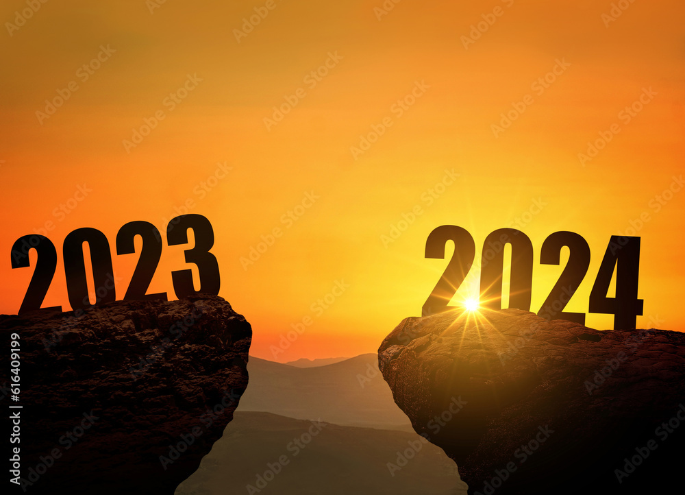New Year's Eve 2024 on the mountain at sunset, concept. 2024 and 2023 ...