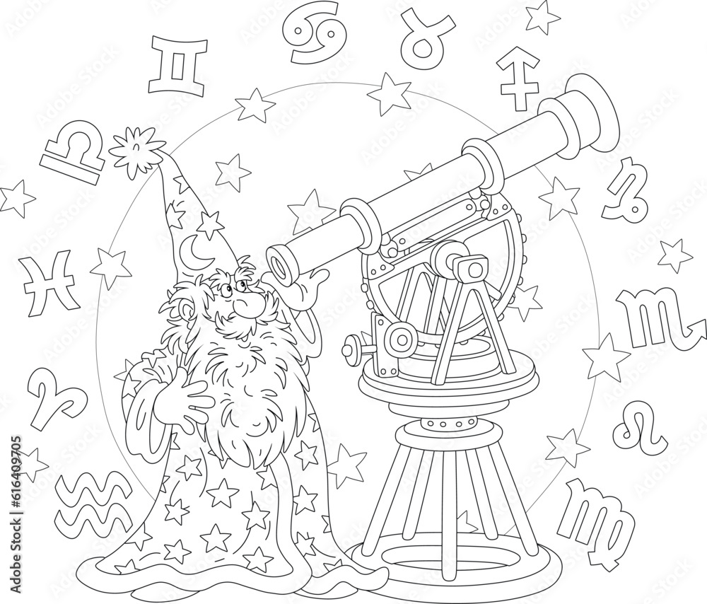Wizard astrologer and astronomer with a big white beard watching stars ...