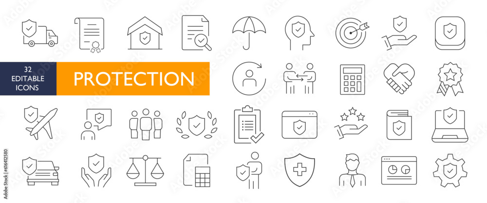 Protection icons, insurance icons, Insurance elements - minimal thin ...