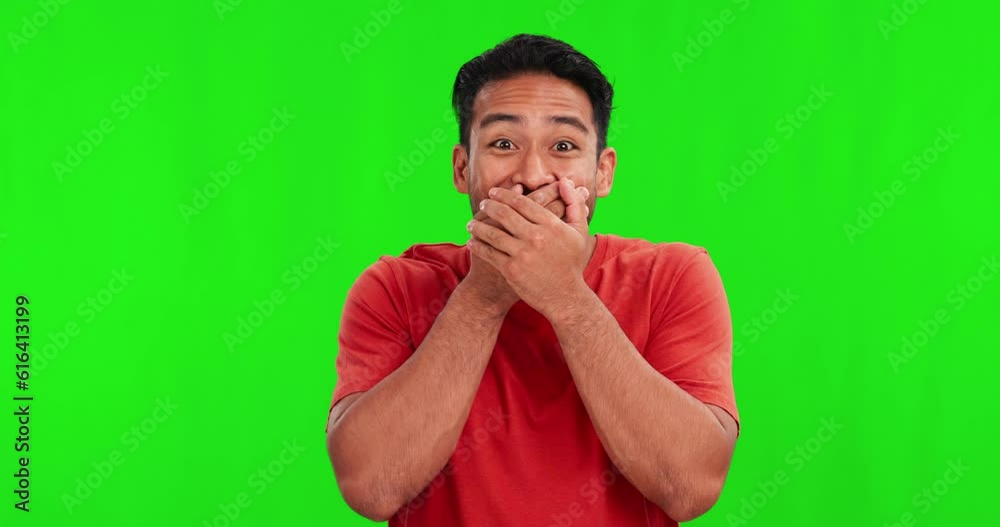 Gossip, green screen or portrait of happy man shocked by an ...