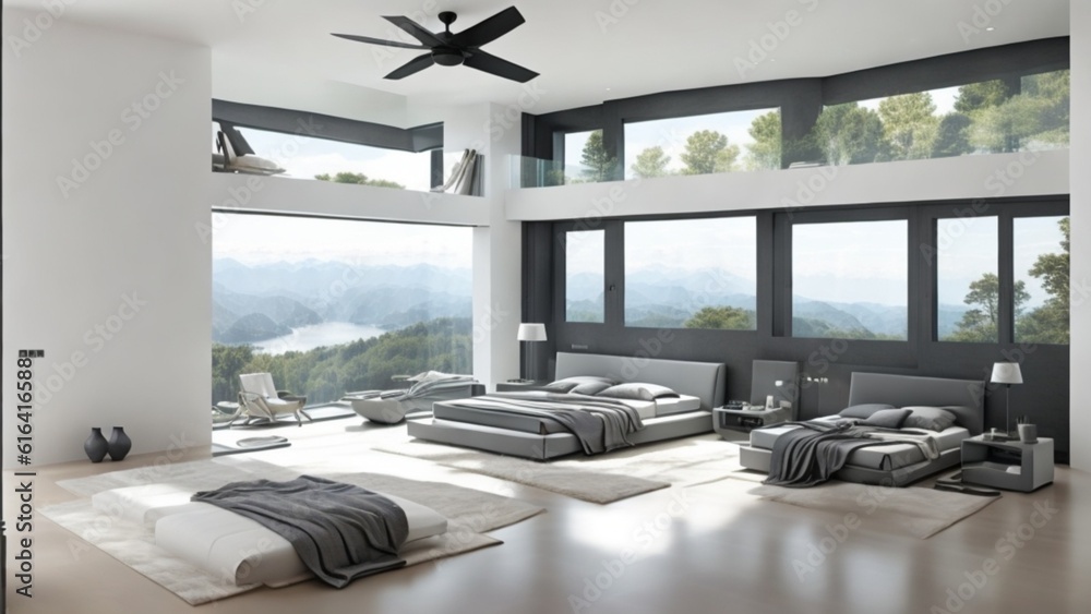 Multi bed bedroom interior design of a Modern House in an all-glass ...