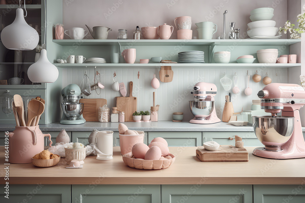 Cute homemade pastry in pastel mint pink colors palette. Cozy kitchen ...