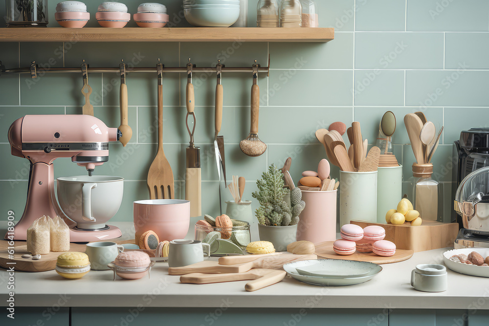 Cute homemade pastry shop in pastel mint pink colors palette. Cozy ...
