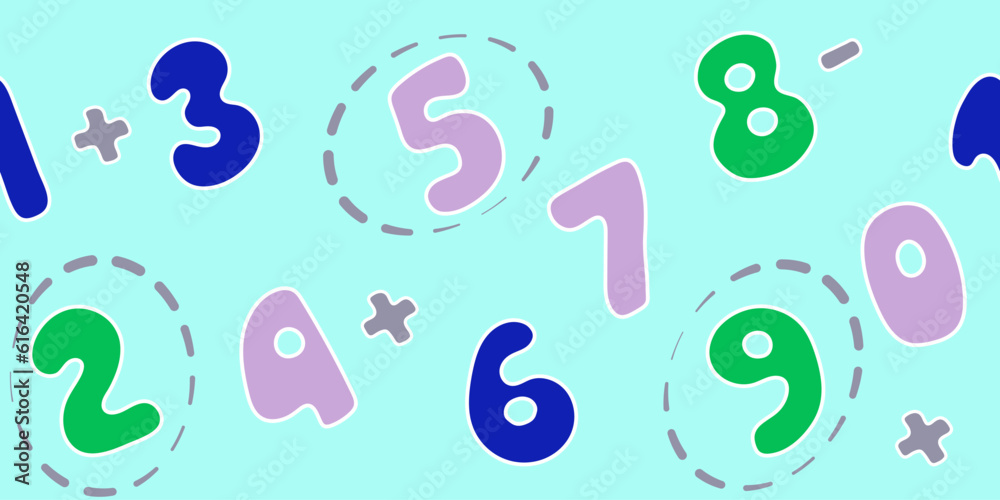 Numbers and mathematical symbols on a turquoise background. Seamless ...