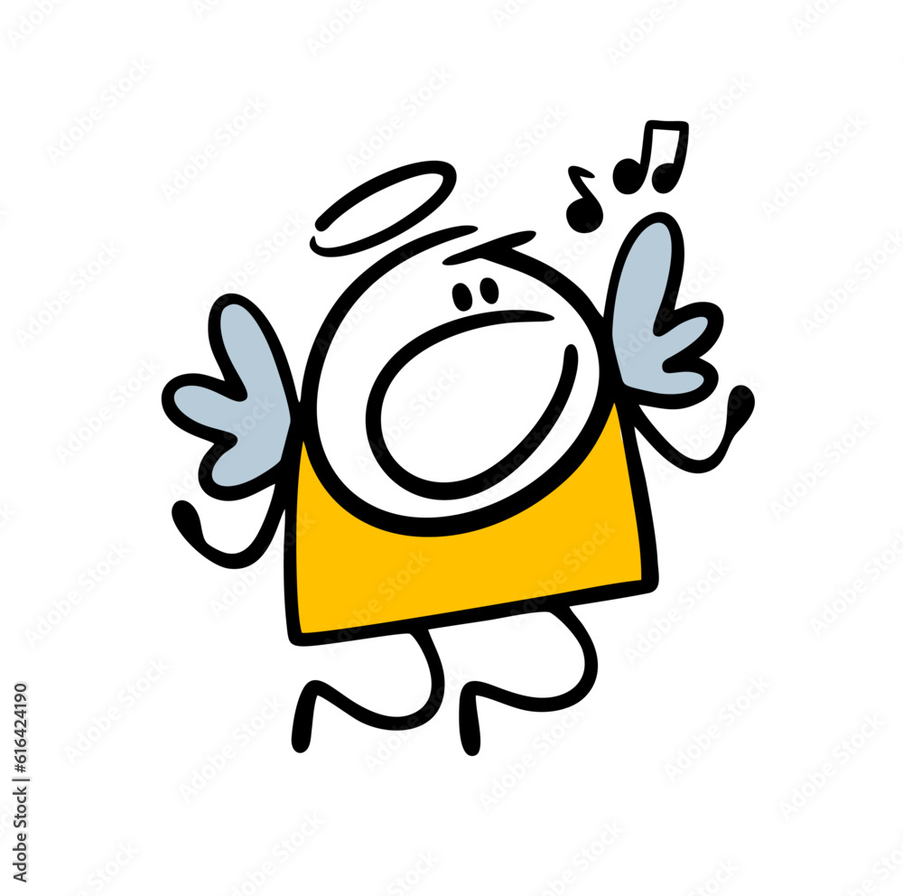 Cute angel with wings and a halo soars in the sky and sings a Christmas ...