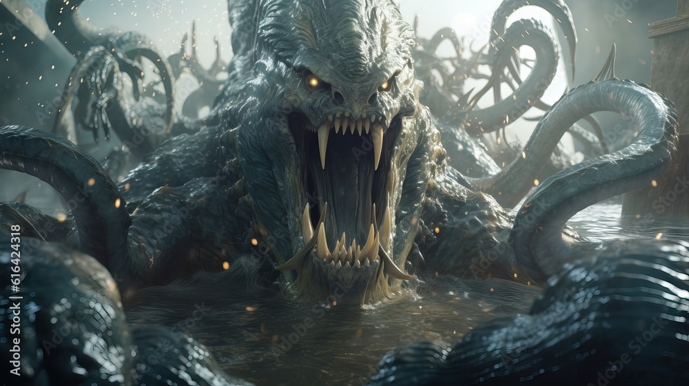 Intense kaiju like lizard monster in a violent ocean.Giant monster Kraken attacks. Cthulhu ...