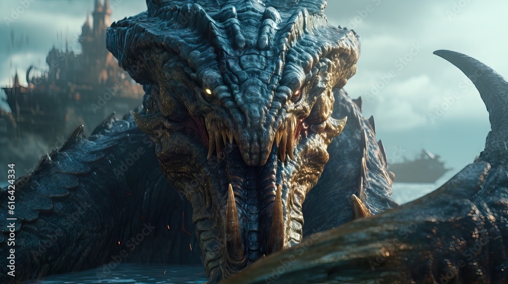 Intense kaiju like lizard monster in a violent ocean.Giant monster Kraken attacks. Cthulhu ...