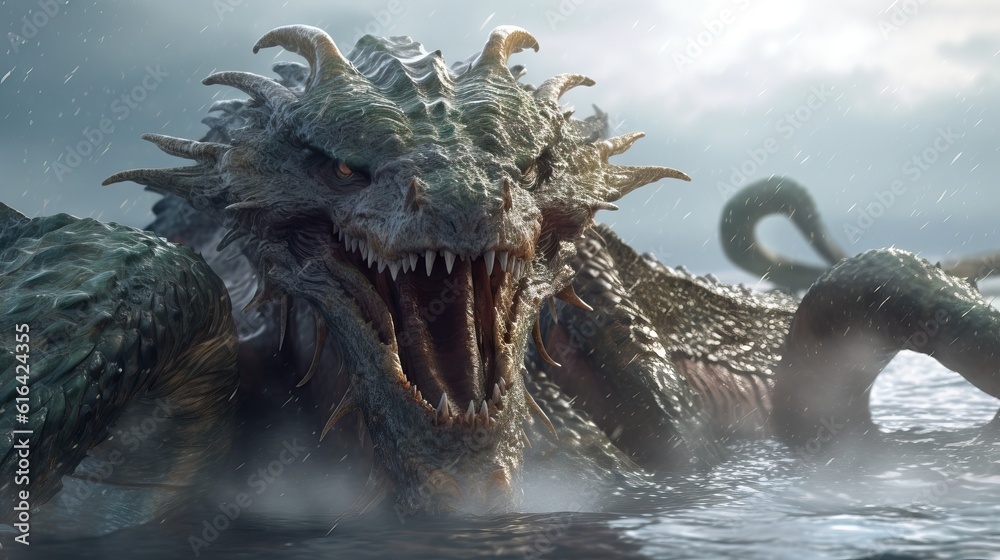 Intense kaiju like lizard monster in a violent ocean.Giant monster Kraken attacks. Cthulhu ...