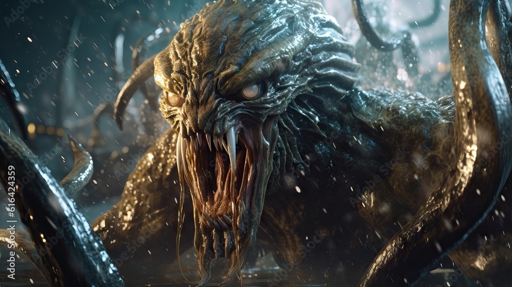 Intense kaiju like lizard monster in a violent ocean.Giant monster ...