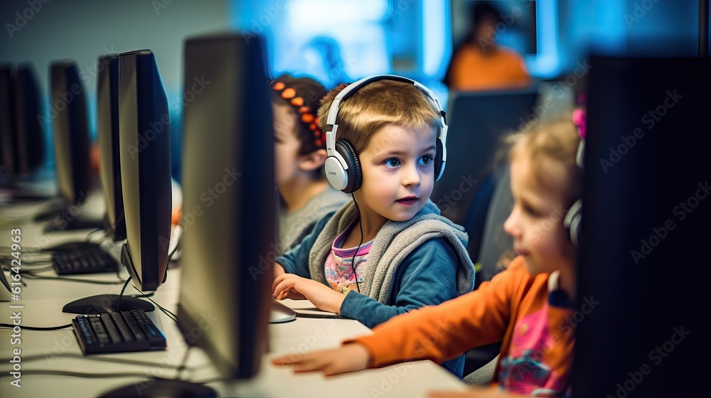 Multiethnic school kids using computer in classroom at elementary ...