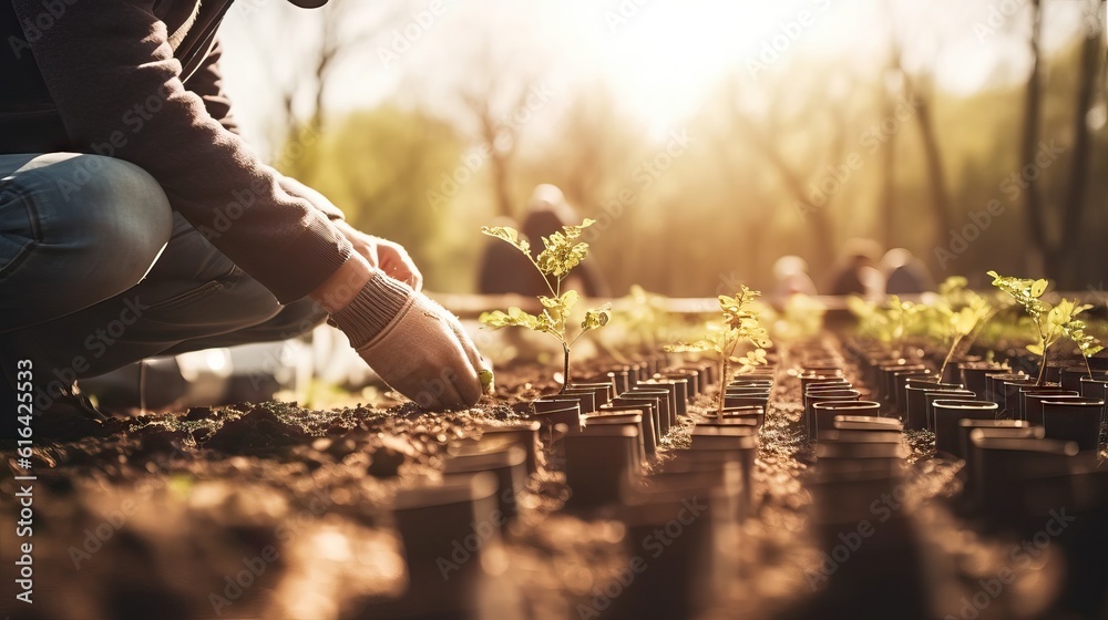Close up of farmers hands planting seedling in pot. Planting vegetables ...