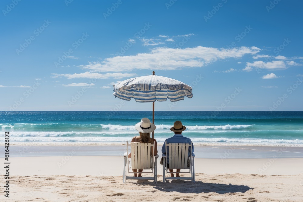 Vacation summer, golden sandy beach,sitting on sun lounger chair right ...