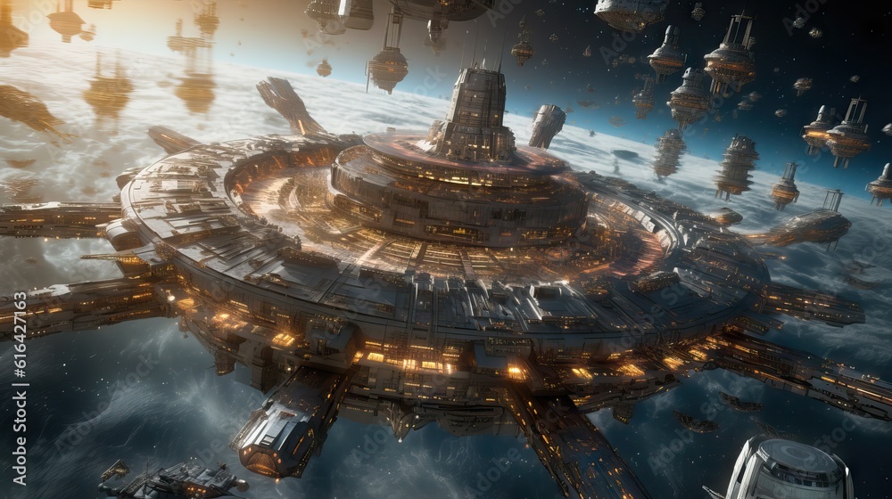 A massive spaceship on the galaxy. Cinematic movie. Cinematic Still ...