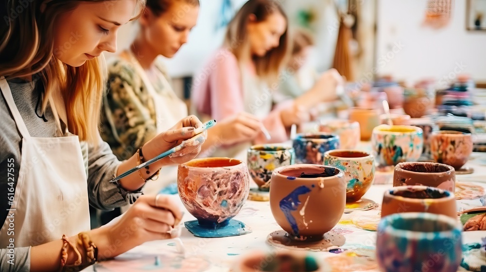 Group of people painting clay. Hobbie activity indoors, painting ...