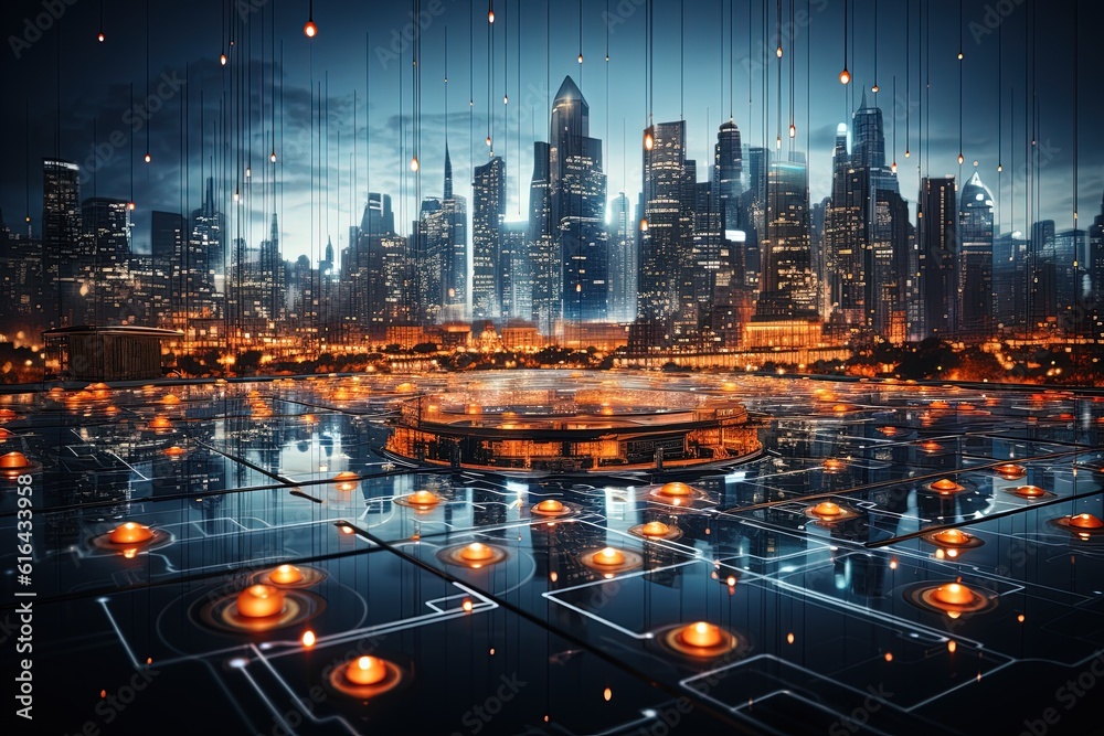 A city skyline at night with futuristic digital overlays to represent smart city technology ...
