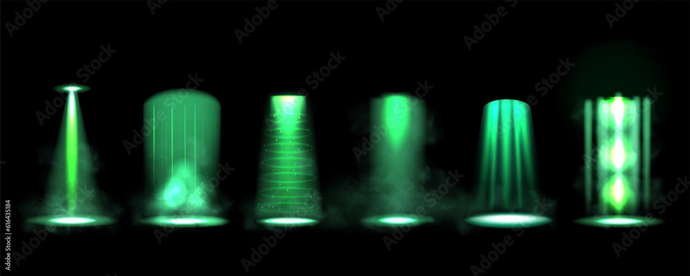 Ufo light beam. Alien spaceship, green sky dramatic effect, hover and ...