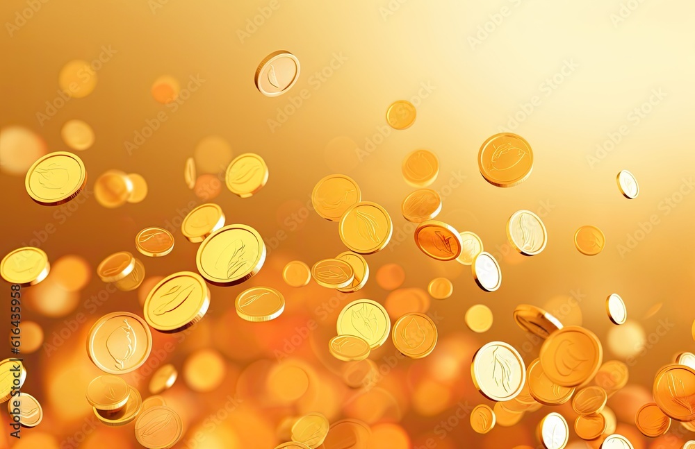 Surreal Deluge: Gold Coins Cascade on Bright Yellow-Beige Backdrop ...