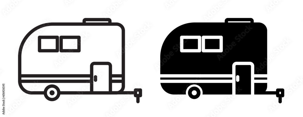 caravan icon set in filled and outlined style. mobile rv car vector ...