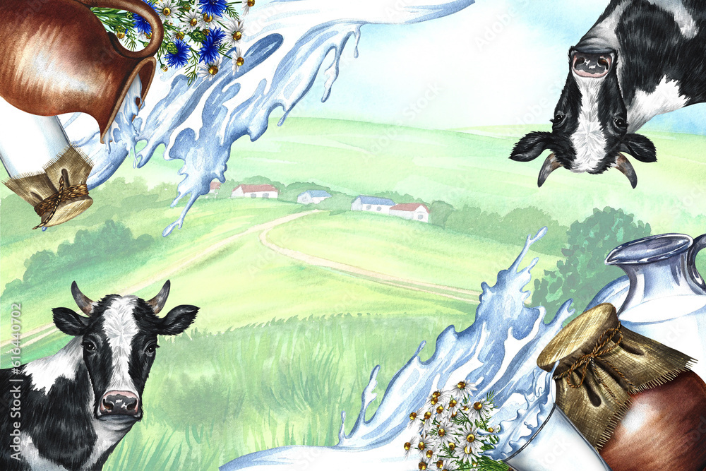 Dairy products in ceramic and glassware. Portrait of a cow. Corner ...