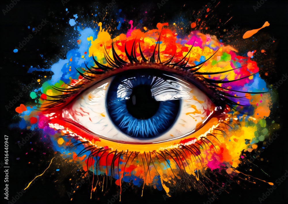 a colorful eye with paint splatters on the black background Stock ...