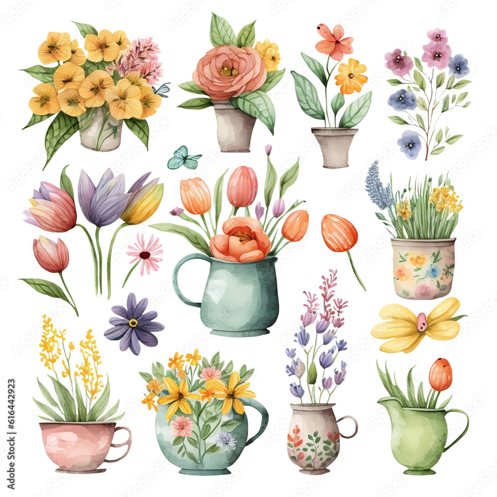 Watercolor Spring Planters Clipart, Spring Flowers Pots, Farmhouse ...
