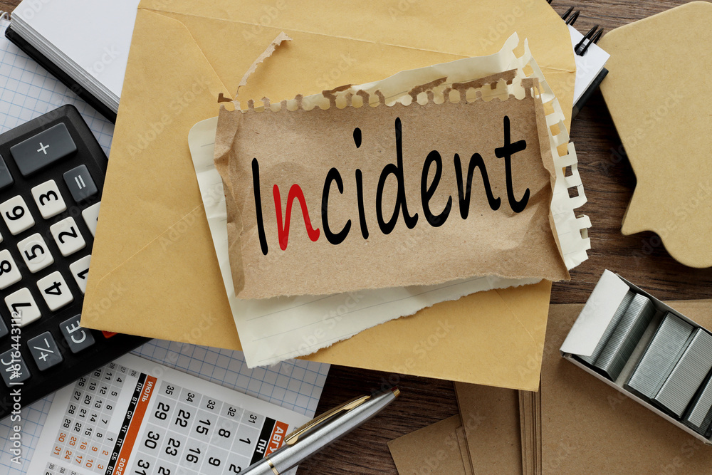 INCIDENT a lot of stationery and text on torn paper. Business concept ...