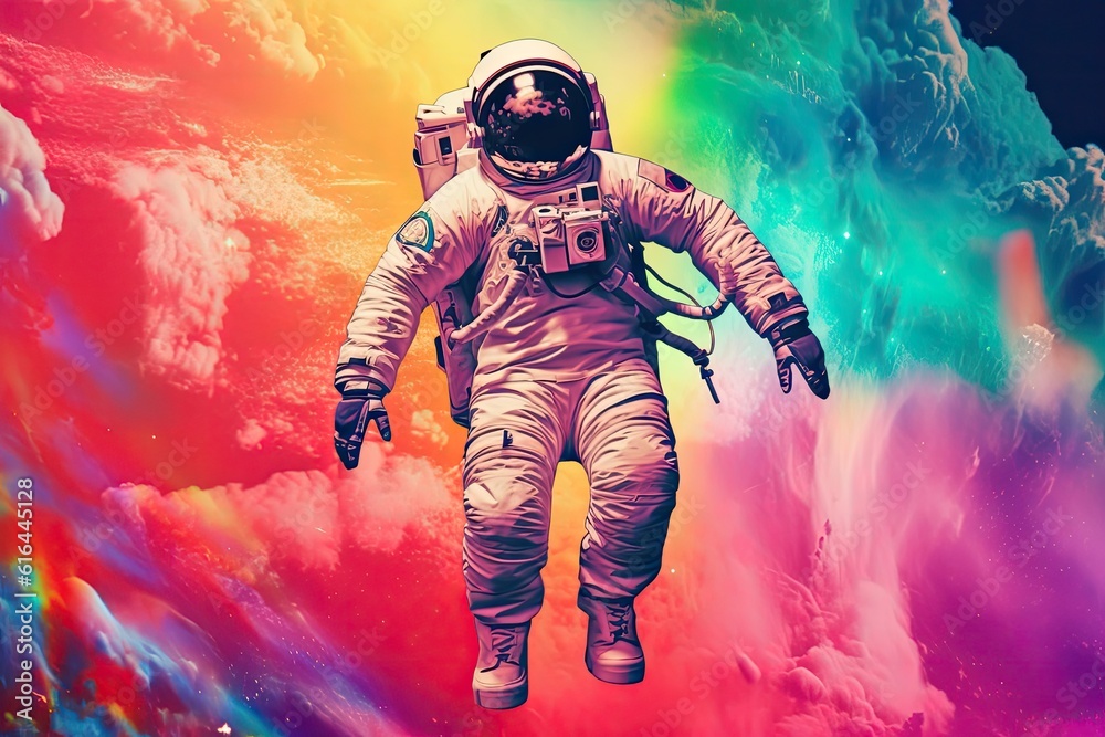 astronaut's leap, defying gravity and landing on a colorful planet ...