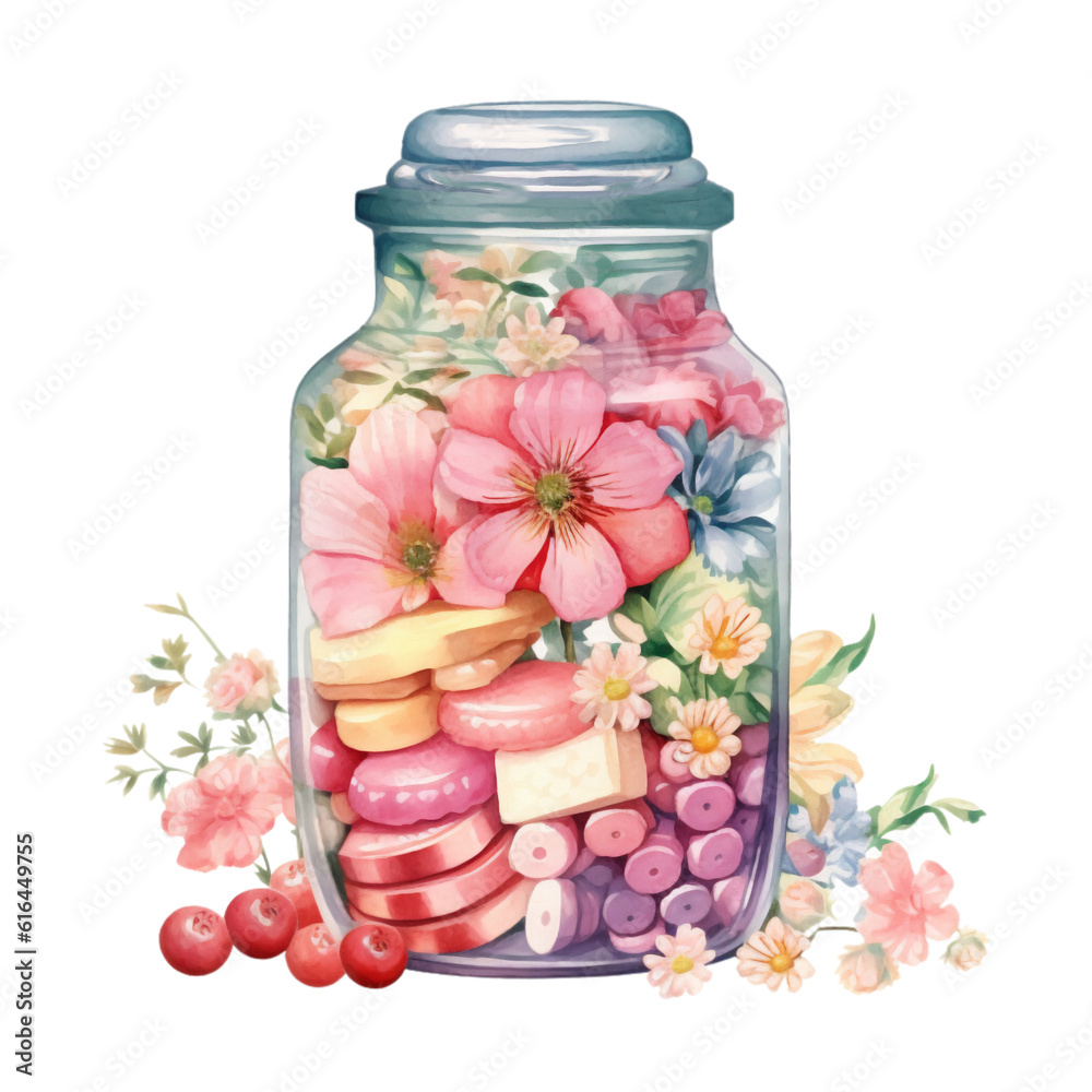 Watercolor Candy Jar Clip Art, Watercolor Illustration, Flowers ...
