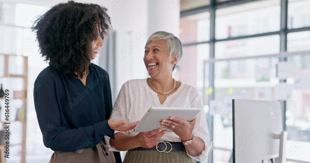 Smile, feedback and teamwork, women with tablet talking on project or ...