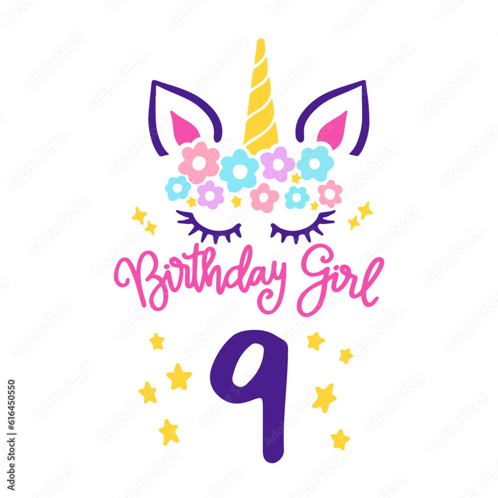 Ninth Unicorn Birthday Svg, 9th Birthday Shirt Svg, Unicorn Face Svg ...