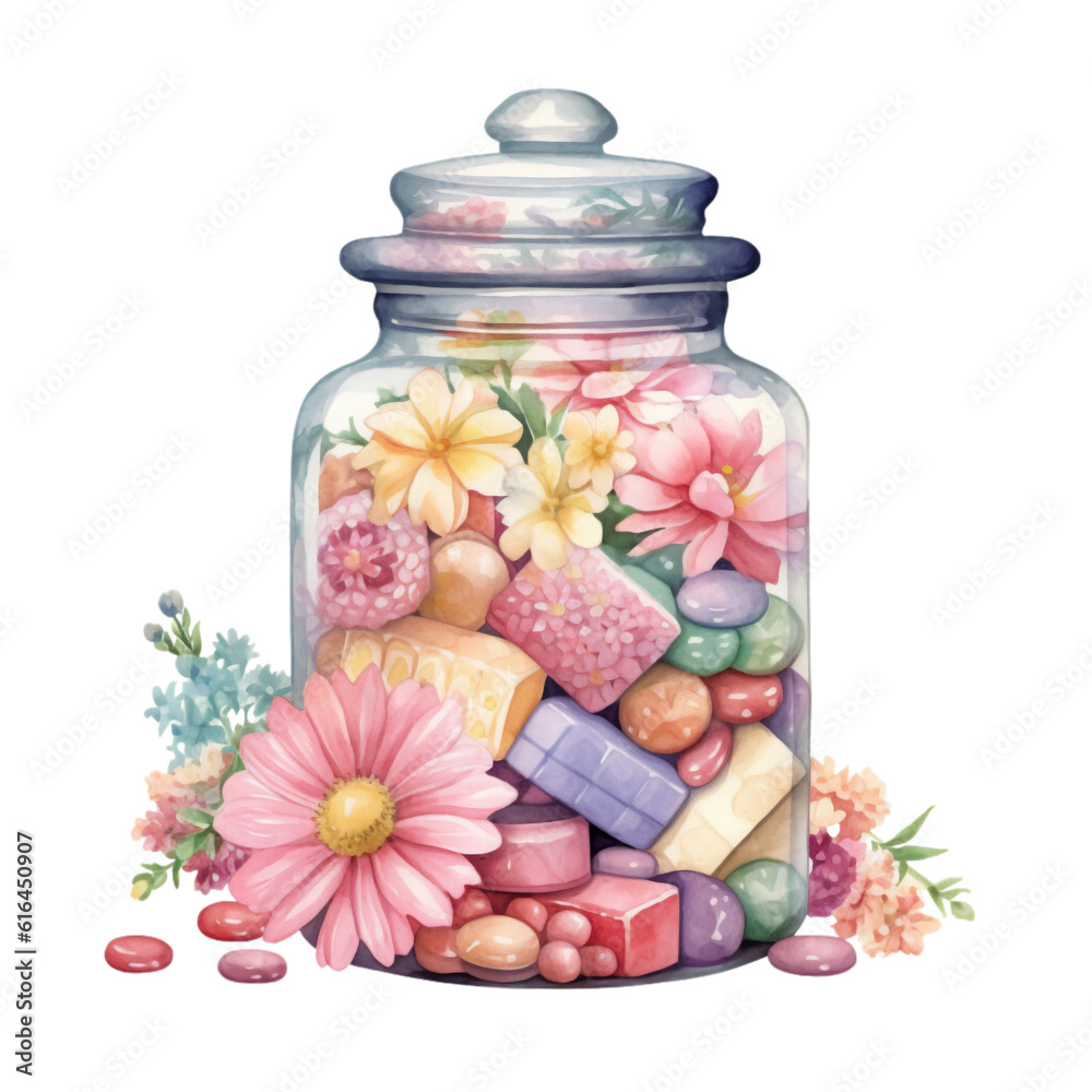 Watercolor Candy Jar Clip Art, Watercolor Illustration, Flowers ...