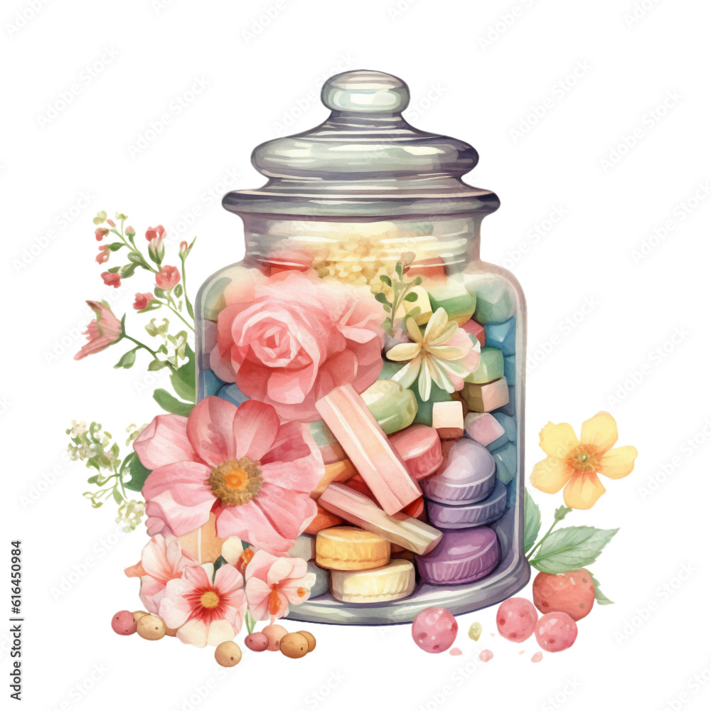 Watercolor Candy Jar Clip Art, Watercolor Illustration, Flowers ...