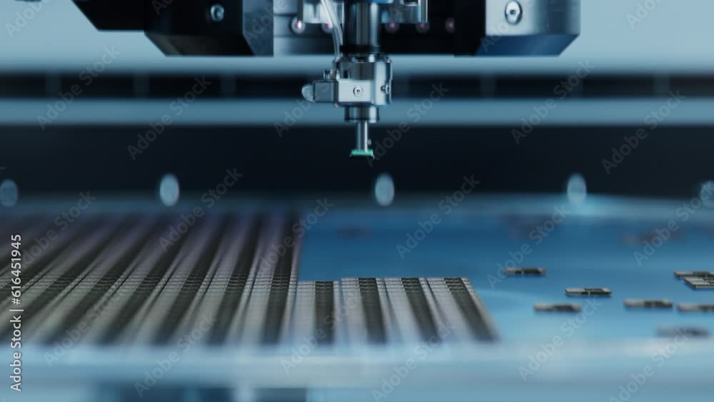 Close-up of Silicon Die are being Extracted from Semiconductor Wafer by Pick and Place Machine ...