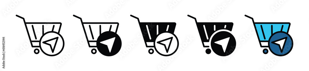 Shopping cart with location direction icon. Marketing pin map location ...