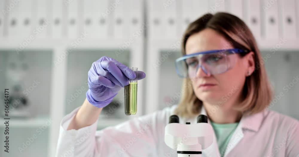 Chemist compares colors of two chemical liquids in test tubes ...