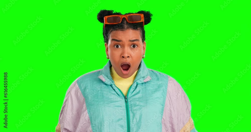 Face, green screen and woman shocked, wow and announcement against a ...