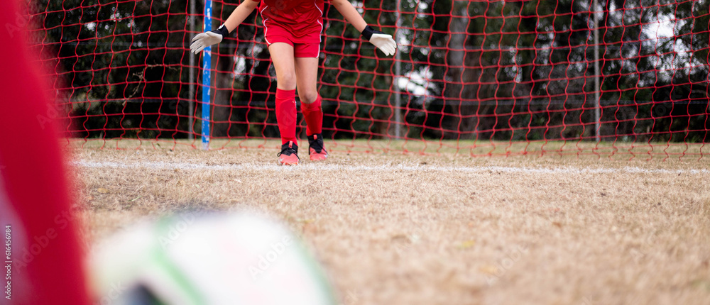 Goal keeper wearing a red football team uniform defending the goal ...