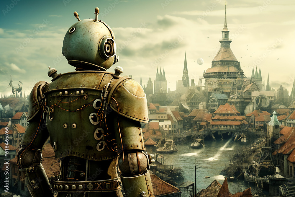Steampunk Robot in a Steampunk Town. Generative AI. A digital ...