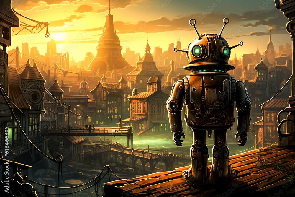 Steampunk Robot in a Steampunk Town. Generative AI. A digital illustration of a steampunk robot ...